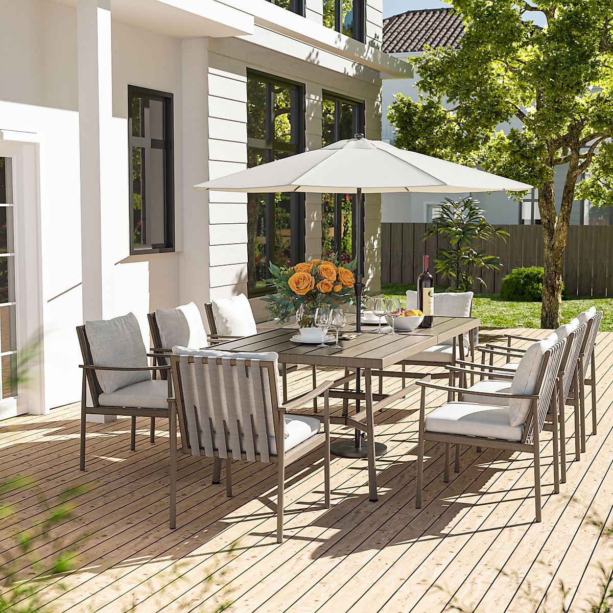 HAPPATIO 9-Piece Patio Table and Chairs Set for 8, Aluminum Outdoor Dining Set with Cushions, 8 Dining Chairs, 1 Large Rectangular Table with Umbrella Hole for Lawn, Porch, Backyard, Grey