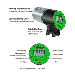 Petbank Automatic Fish Feeder - Rechargeable Timer Fish Food Dispenser with USB Charger Cable, for Aquarium or Fish Tank