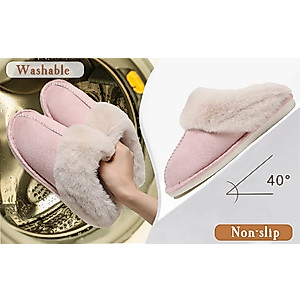 PLMOKN Women's fuzzy slippers men indoor and outdoor anti-skid rubber sole memory foam fluffy cute house bedroom pillow slides, A-pink/36-37