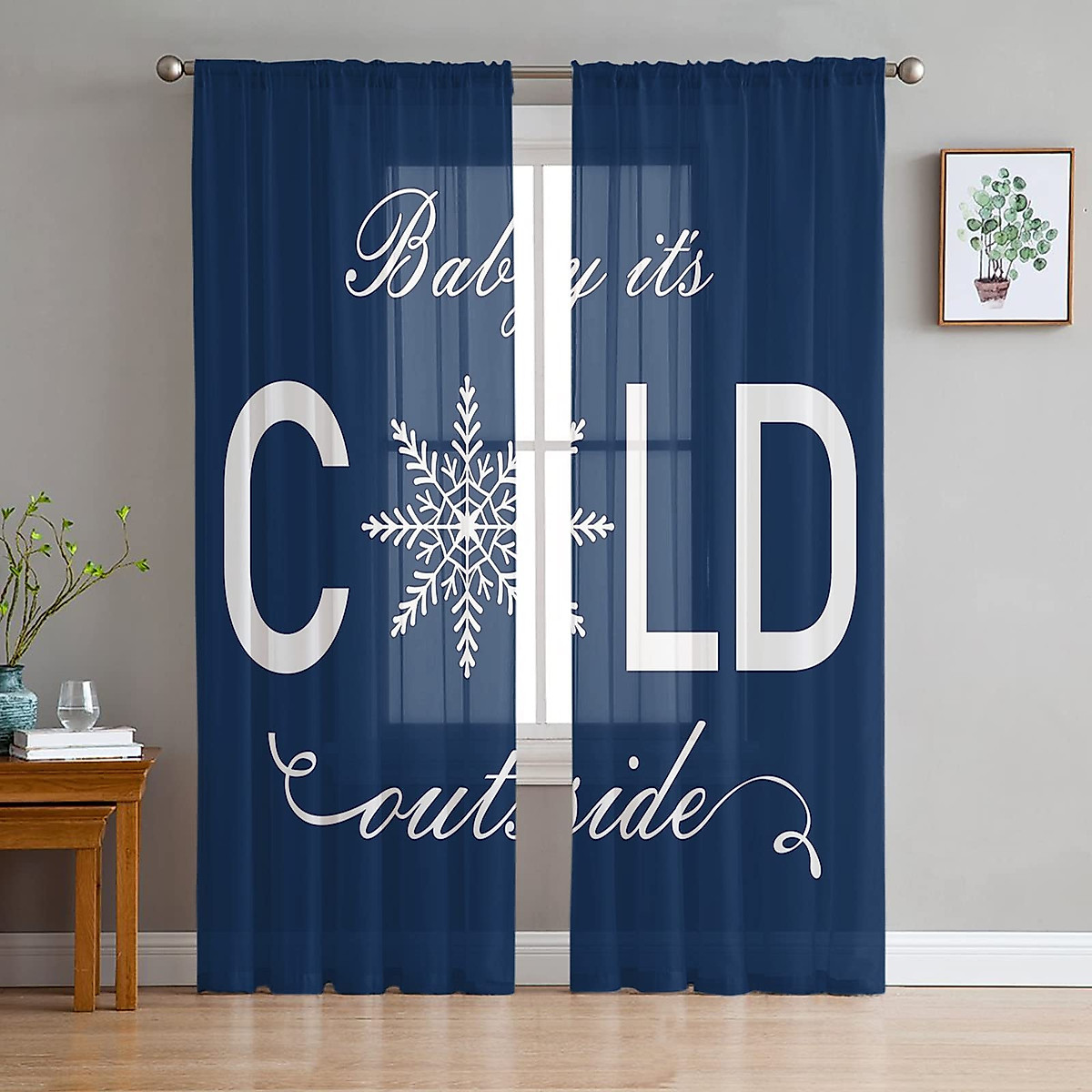 2 Panels Semi Sheer Curtains 108 Inche Length, Christmas Sheer Curtain Rod Pocket Kitchen Curtains Drapes, Chiffon Window Treatments for Living Room Bedroom Cold Winter Snowflakes Blue Backdrop