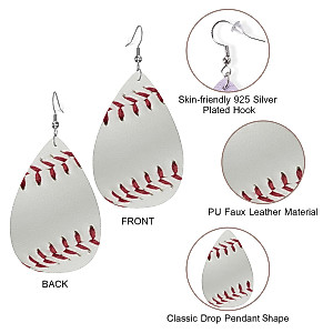 Zokola Baseball Faux Leather Earrings, Abstract Sport Baseball Texture Cute Pendants Earrings Teardrop Dangle Leather Earrings Holiday Earrings Making Supplies