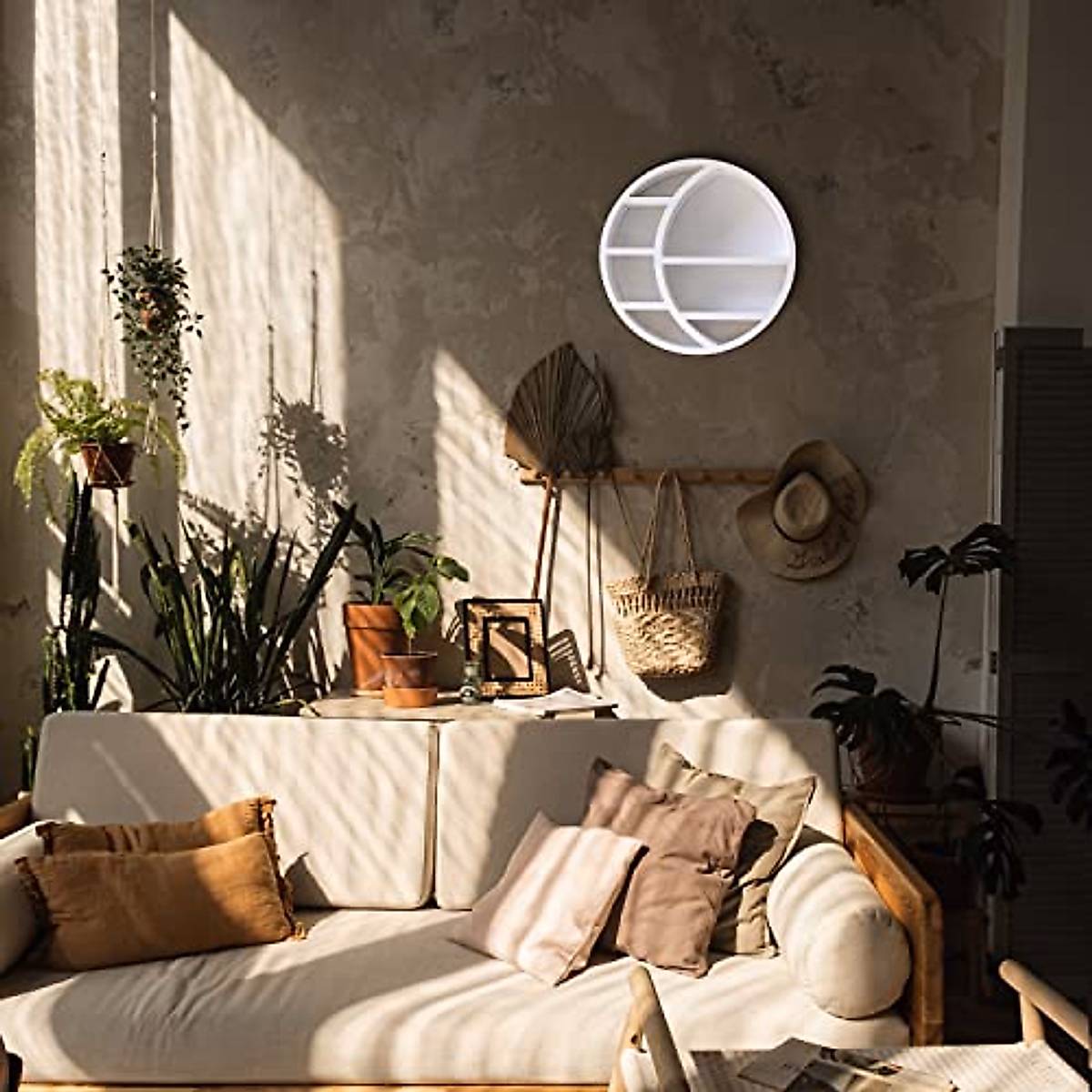 CNF Concepts Crescent Moon Shelf – Wooden with Rose Quartz Crystal Rustic Display for Healing Crystals, Essential Oils Wall-Mounted Home Decor, White