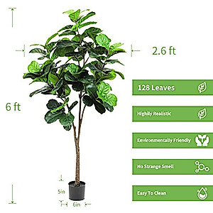 Realead 6ft Artificial Plant Fiddle Leaf Fig Tree Fake Tree in Pot Natural Faux Tree with 128 Leaves Ficus Lyrata Greenery Plant Indoor Outdoor Decor for House Home Office Perfect Housewarming Gift