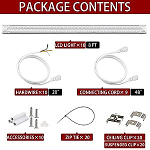 (10 Pack) 8FT LED Shop Light, 100W 13000LM 6000K, Super Bright White, T8 LED Tube Light, No RF & FM Interference Linkable Shop Light, 8 Foot LED Shop Lights for Garage, Shop, Hardwired Installation