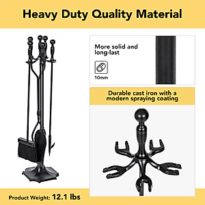 nalone 5 Pieces Fireplace Tools Set, Heavy Duty Wrought Iron Fireplace Accessories Set with Poker, Tong, Shovel, Brush, Fire Place Tools Indoor Outdoor (Black)