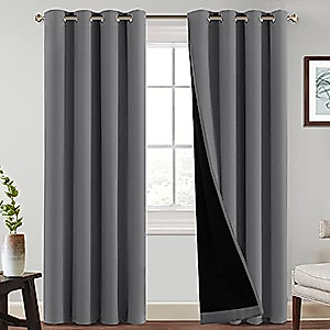 100% Blackout Curtains with Black Liner Backing Thermal Insulated Curtains for Living Room Noise Reducing Drapes for Patio Sliding Glass Door Durable Grommet Curtains 2 Panels (52x84 inch, Grey)