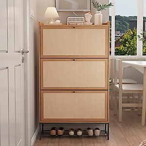 AVZEAR Narrow Shoe Storage Cabinet with 3 Flip Drawers, Freestanding Shoe Organizer Wooden Closed Shoe Rack, Slim Shoe Cabinet Storage for Entryway, Hallway, Living Room (Natural)