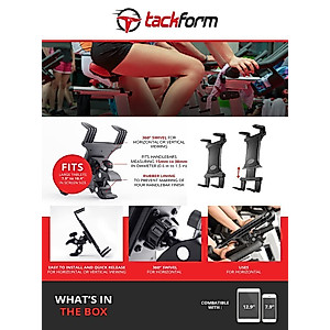 Tackform Universal Tablet Holder Compatible with Stationary Bicycle, Treadmill, Elliptical, Spin Bike, Microphone Stand, and Indoor Exercise Equipment - Compatible All Tablets Including iPad