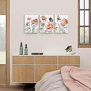 Slody Pink Wall Art Floral Peony Decor Butterfly Art Blossom Flower Painting Botanical Canvas Prints Framed Nature Poster Spring Plant Artwork for Rustic Bathroom Bedroom Living Room 12×16 Inch, 3 Piece