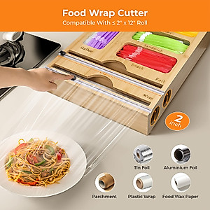 Bag Storage Organizer and Wrap Dispenser with Cutter for Kitchen Drawer, Bamboo Bags Compatible Foil, Wax, Ziploc Gallon, Quart, Sandwich Snack Variety Size 12'' Rolls, 1.0 Count, (Pack of 1)