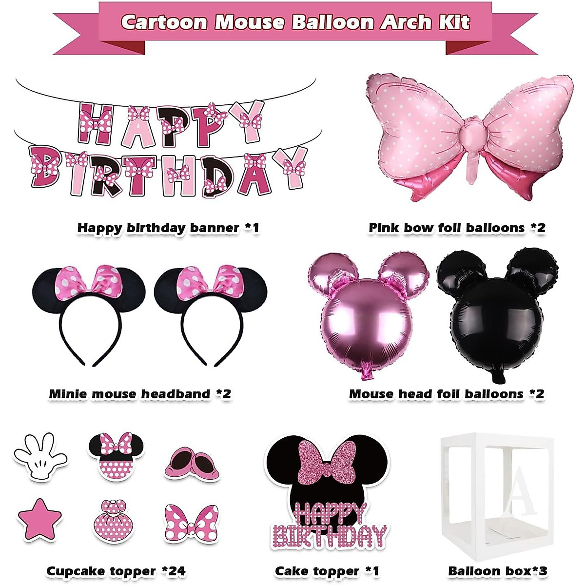 Pink Mouse Birthday Party Supplies - Pink Mouse Balloon Garland Arch Kit for Cartoon Mouse Theme Birthday Party Decorations for Girl, Pink Bow Foil Balloons and Banners for Baby Shower Party Supplies