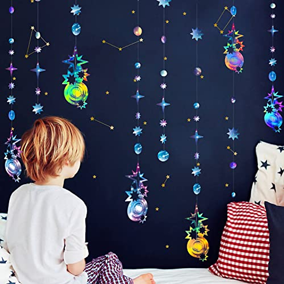 Iridescent Star Garlands Galaxy Shooting Star Hanging Streamer Banner Backdrop for Birhday Party Decorations Wedding Engagement Sweet 16 Bachelorette Bridal Baby Shower Anniversary Party Suppies