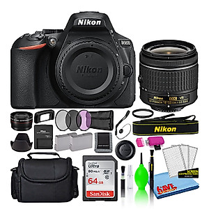 Nikon D5600 24.2MP DSLR Digital Camera with AF-P DX 18-55mm Lens (1576) Deluxe Bundle with 64GB SD Card + Large Camera Bag + Filter Kit + Spare Battery + Telephoto Lens (Renewed)
