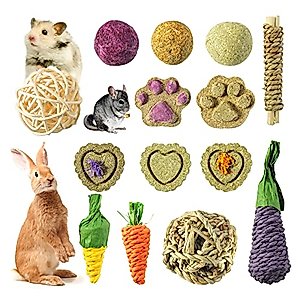 PD Bunny Chew Toys for Teeth, Natural Timothy Grass Small Animal Chew Toys, Mixed Grass and Molar Grass Cake and 2 Balls for Rabbits Chinchilla Hamsters Guinea Pigs Gerbils Groundhog Squirrels（14 pcs）