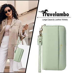 Travelambo Womens Wallet Tassel Bifold Ladies Clutch Wristlet Wrist strap Long Purse (Access Green Blooming)