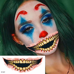 Halloween Temporary Horror Scary Mouth Tattoo Stickers Prank Props Makeup Costume Accessories Face Kit Men or Women Adults Kids Cosplay Party Masquerade