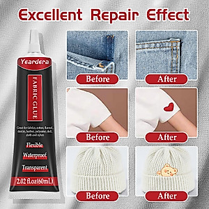 Yeardera Fabric Glue Permanent, Clear Fabric Glue for Clothing Permanent Washable, Fabric Fusion Glue for All Fabrics, Clothes, Leather, Cotton, Flannel, Denim, Polyester, Doll Repair (Fabric Glue)