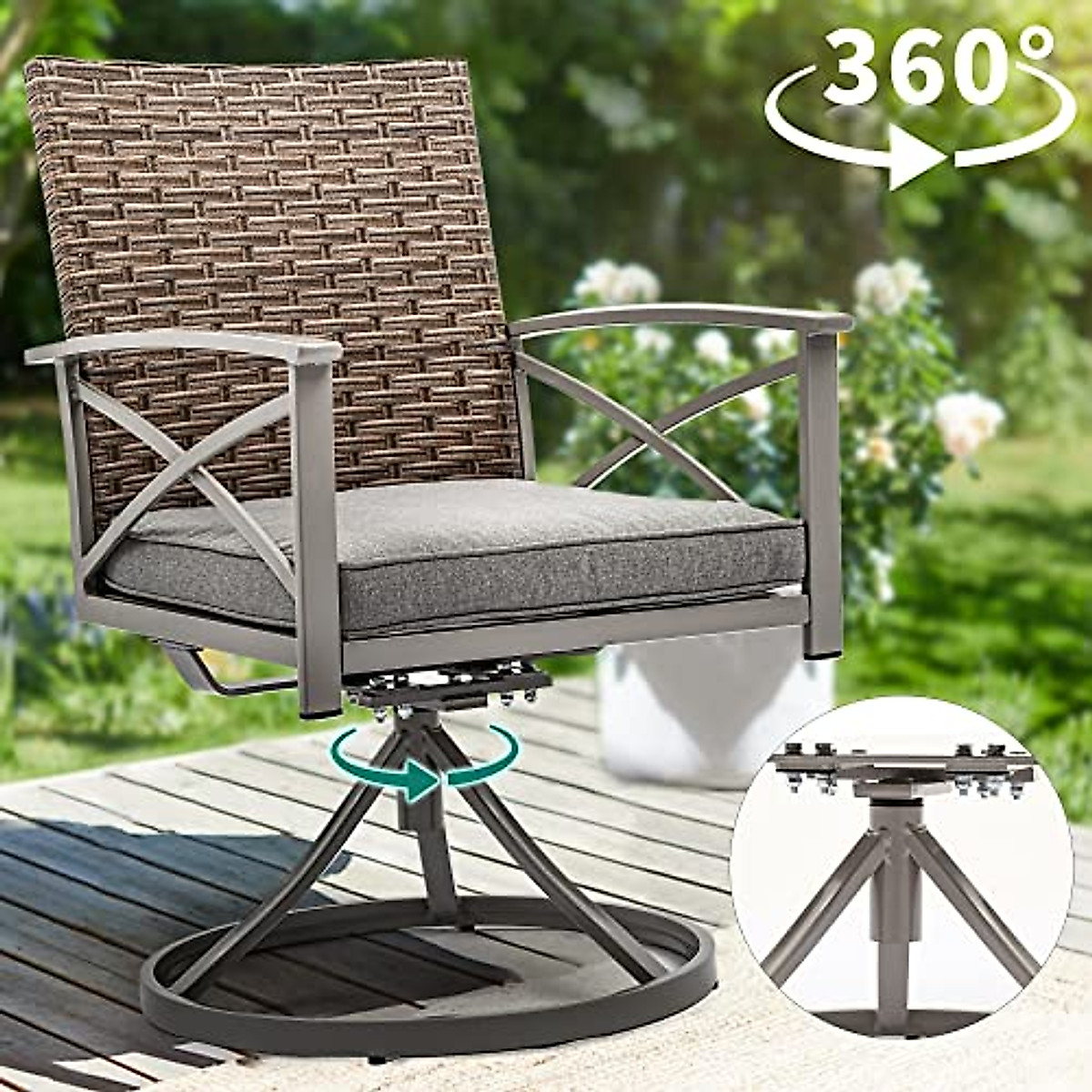 YITAHOME 7-Piece Patio Dining Set, Outdoor Wicker Conversation Furniture with 2 Rocking Chairs, Soft Gray Cushions and Imitation Wood Grain Dining Table for Backyard, Balcony and Garden