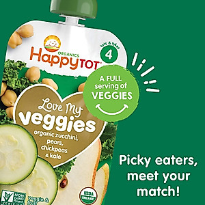 Happy Tot Organics Love My Veggies Stage 4, Zucchini, Pear, Chickpeas & Kale, 4.2 Ounce Pouch (Pack of 16) packaging may vary