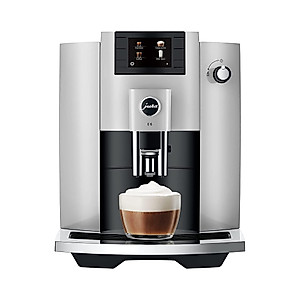 Jura E6 Automatic, Affordable Espresso Machine with Programmable Coffee Strength (Platinum) Bundle with Smart Filter Cartridge, Cleaning Tablets, Coffee Beans Bag, and Glass Milk Container (5 Items)