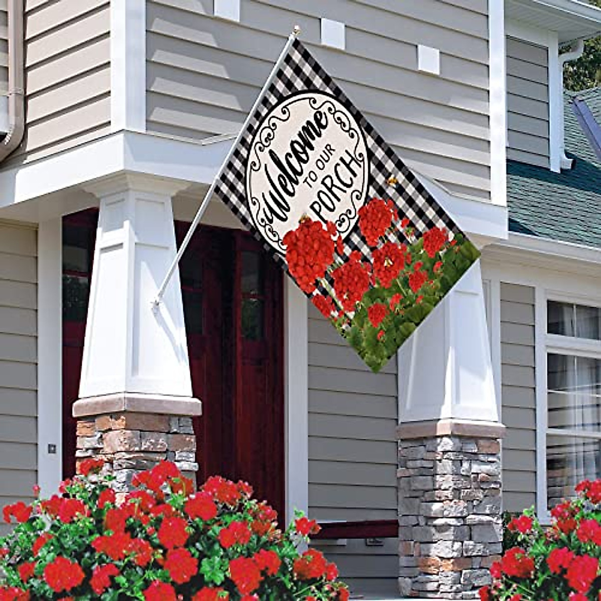 Covido Home Decorative Welcome to Our Porch Geranium Spring Summer House Flag, Flower Black White Buffalo Plaid Check Garden Yard Outside Decoration, Fall Autumn Farmhouse Outdoor Large Decor 28x40