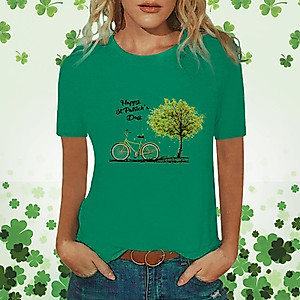 Women Green Graphic Tees Short Sleeve Novelty Leaves Shirt Tops Round Neck Loose Plus Size Summer Blouse