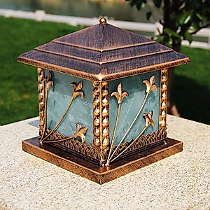 MODEBHD Outdoor Waterproof Post Light Square Antique Metal Column Post Light Rainproof Courtyard Lawn Pillar Lamp European Home Decor Villa Garden Wall Sconce Lantern External Safety Lighting