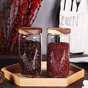 SAIOOL Home Borosilicate Glass Kitchen jars/Canisters with Acacia Wood Airtight Lid Set-2 Pack 30Oz/900ml,Minimalist Preprinted Farmhouse Style. White Matte Sticker Black Text.