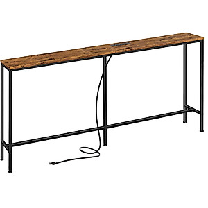 SUPERJARE 70 Inch Console Table with Outlet, Sofa Table with Charging Station, Narrow Entryway Table, Skinny Hallway Table, Behind Couch Table, for Living Room, Rustic Brown