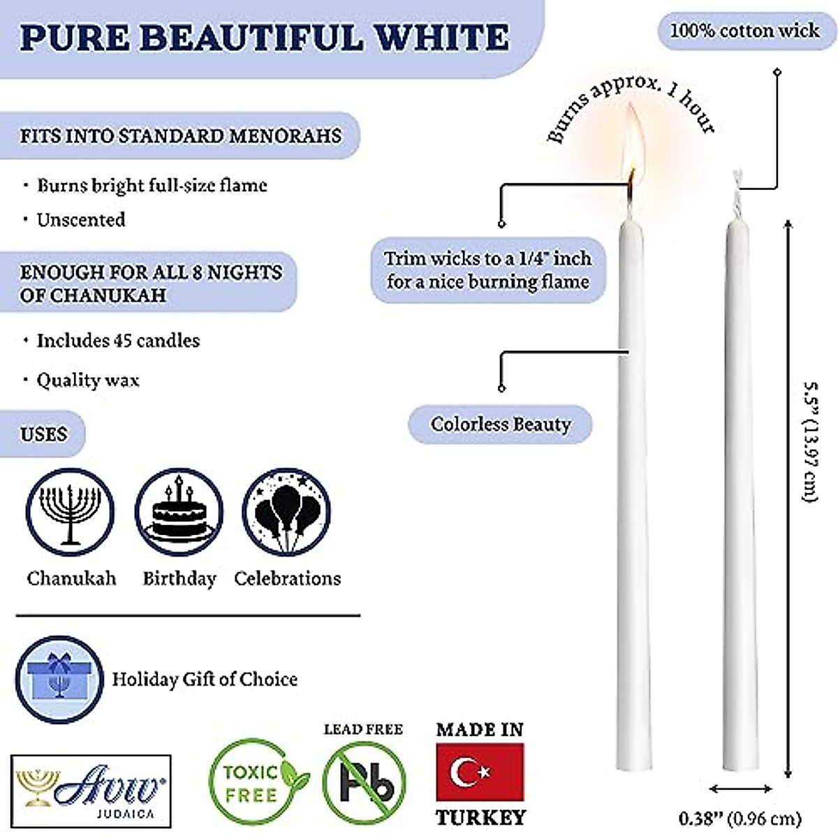 Dripless Hanukkah Candle Set of 45 Premium Solid White Thin Tapered Candles for Standard Chanukah Menorah, Birthday Party, Celebration Candles Enough for 8 Nights of Hanukah by Aviv Judaica