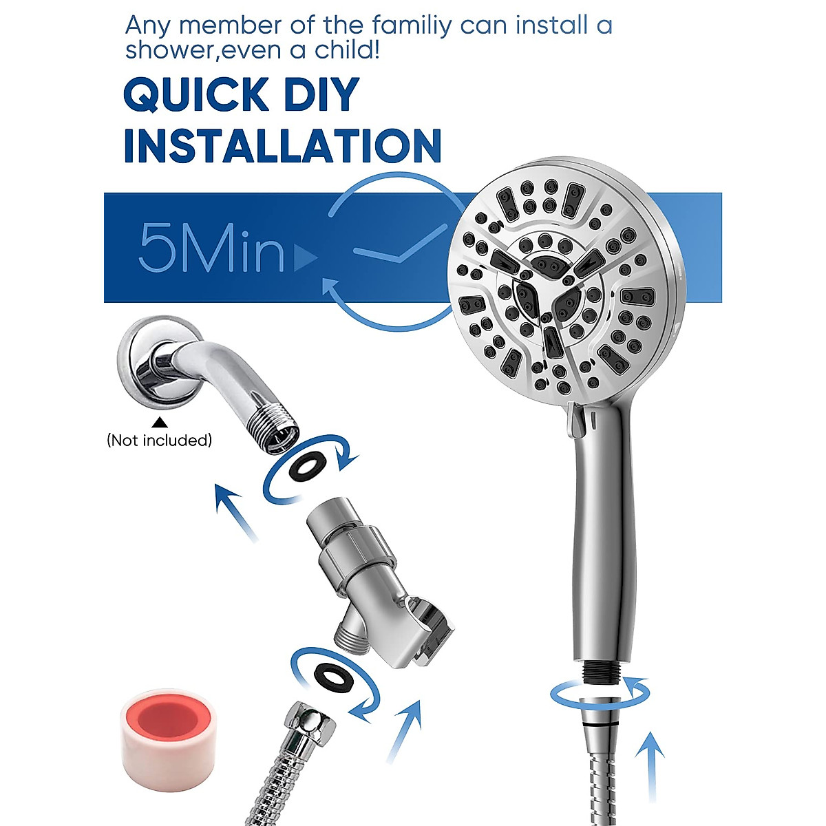 Pavezo High Pressure Shower Head Handheld 5" Large, Extra Long 72" SS Hose 10-mode Portable Detachable Shower Head with Hard Water Filter for Bathroom, Anti-clog & Powerful to Clean Tile & Pets