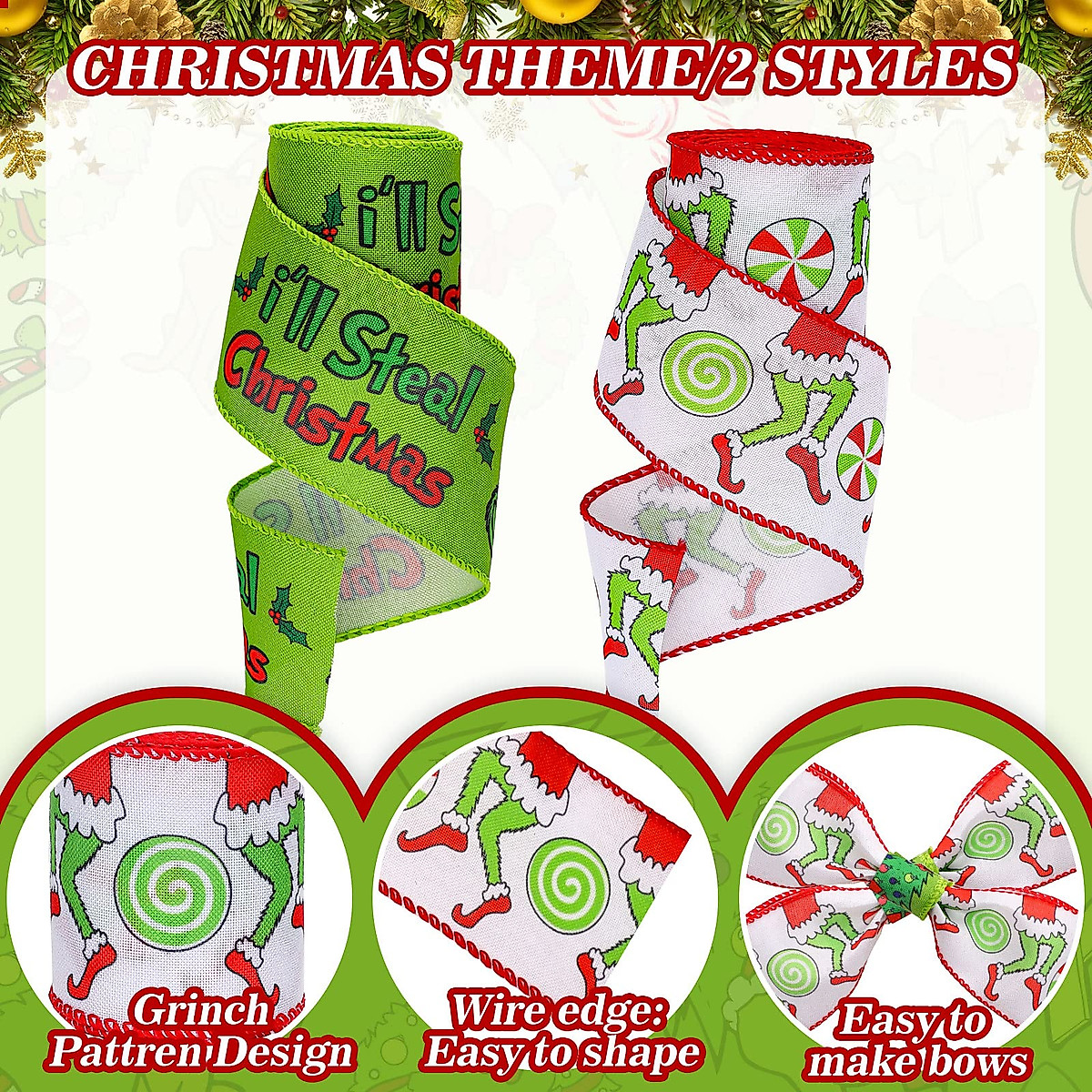 Whaline 12 Yards Christmas Wired Edge Ribbon Xmas Funny Cartoon Character Craft Ribbon Christmas Decorative Fabric Ribbon for Gift Wrapping DIY Floral Arrangement Wreath Bow, 2.5 Inch, 2 Roll