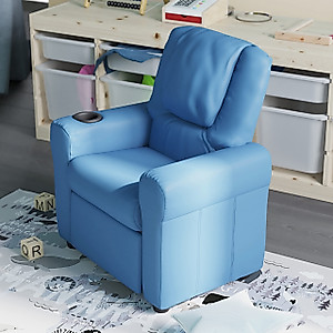 HBCY Creations Kid's Recliner - Light Blue Vinyl Upholstery - Integrated Cupholder - Padded Headrest - Safety Recline Feature