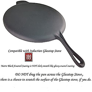 La Cuisine Cast Iron Crepe Pan with Wood Spreader Heat Resistant Handle Sleeve Tawa Dosa Tortilla Pan 11.8" Dia Matte Black Enamel Coating PFOA Free