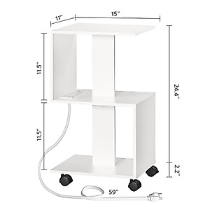 MAHANCRIS Narrow Nightstand with Charging Station, White Bedside Table with Power Outlets and USB Ports, S-Shaped Side Table, 3-Tier Nightstand with Wheels, for Bedroom, Living Room, White ETWT77E01