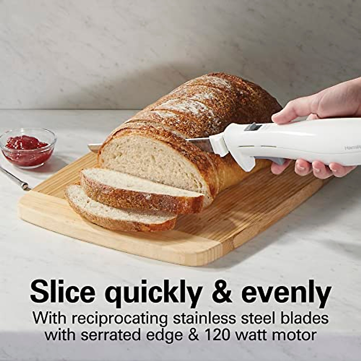 Hamilton Beach Electric Knife for Carving Meats, Poultry, Bread, Crafting Foam & More, with Reciprocating Serrated Stainless Steel Blades, Ergonomic Design, Storage Case & Fork Included, White