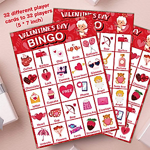 Valentines Day Bingo Game Card for Kids/Adults, 32 Players - Valentine Game for Family/School Classroom/Large Group, Valentine Party Favor for Boy/Girl