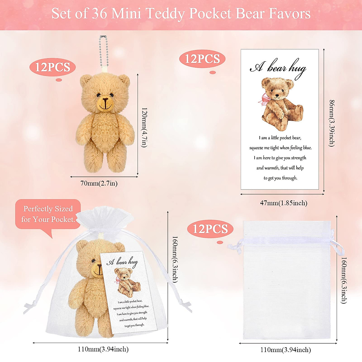 Zhanmai Set of 12 Mini Plush Bears Gift Little Pocket Bear Inspirational Bear Hug Gift Card Organza Bags for Party Favors Stocking Suffers for Class