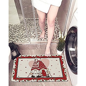 Valentine's Gnomes Bath Mat for Tub,Non Slip Bathroom Floor Runner Rug Quick Dry & Absorbent Diatomaceous Earth Kitchen Room Shower Sink Washable Doormat,Saint Love Heart Red Rose Floral 16"x24"