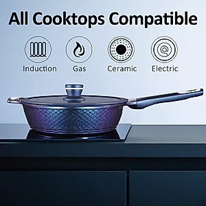 11" Nonstick Frying Pan with Lid - 11 Inch Nonstick Skillets with USA Blue Gradient Granite Derived Coating, Heat-resisted Silicon Handle, PFOA &PFOS Free, Induction Compatible, Ideal Christmas Gift