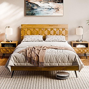 Bme Georgina Signature Bed Frame with Handcrafted Geometric Headboard, Mid Century Modern, Solid Acacia Wood, No Box Spring Needed, 12 Strong Wood Slats Support, Easy Assembly, Teak Brown, Queen