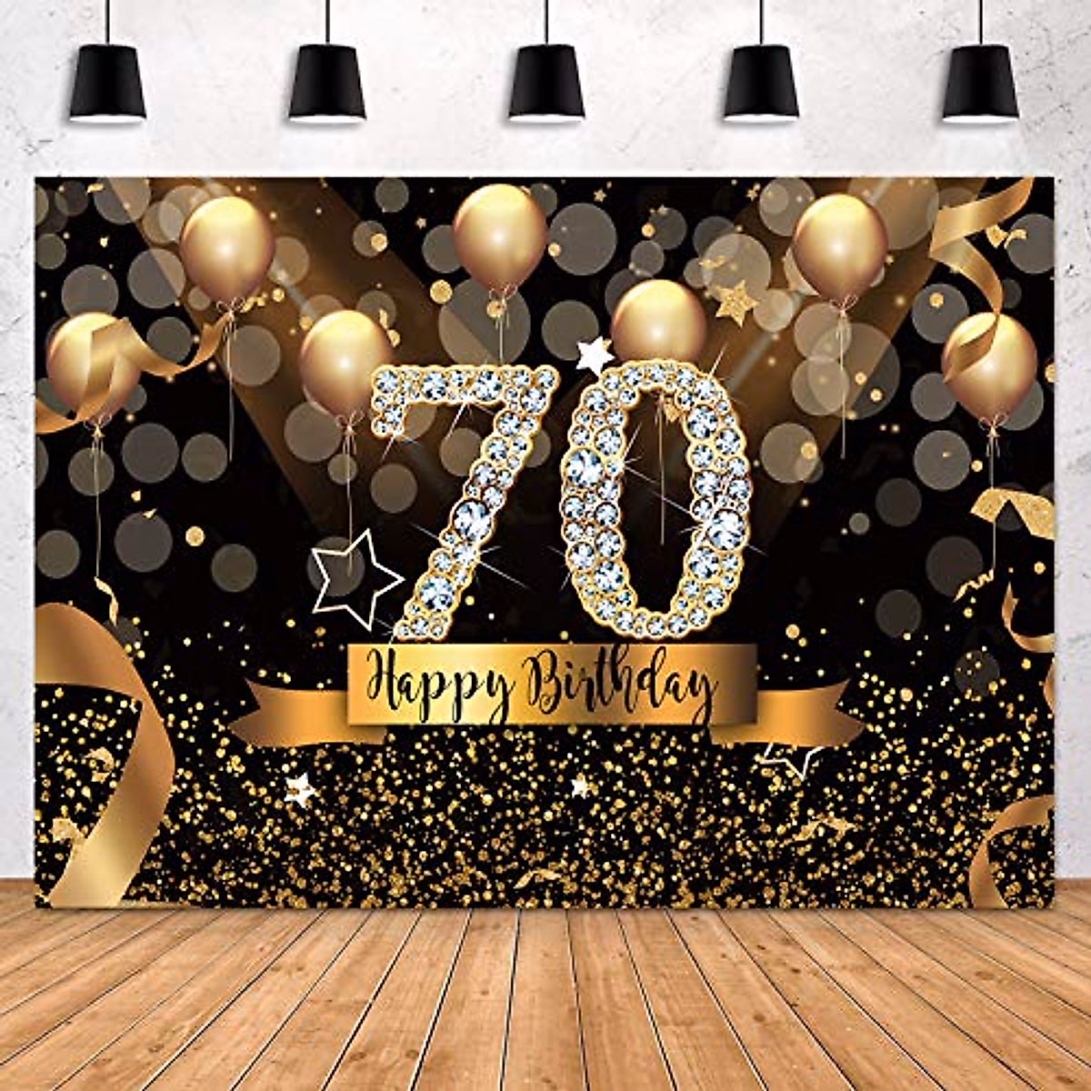 Sensfun Sparkle Gold 70th Birthday Backdrop Black Golden Balloons Photography Background for Women Shining Diamond Fabulous 70 Bday Party Decoration Supplies Happy 70th Birthday Photo Banner 7x5ft