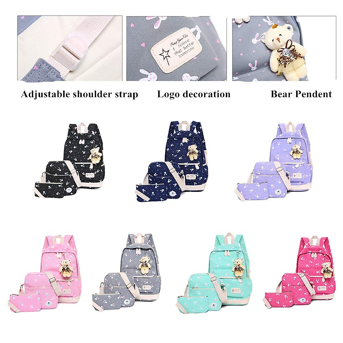 Canves School Bag Set Primary 3Pcs Student Backpack Elementary BookBag with Plush Doll