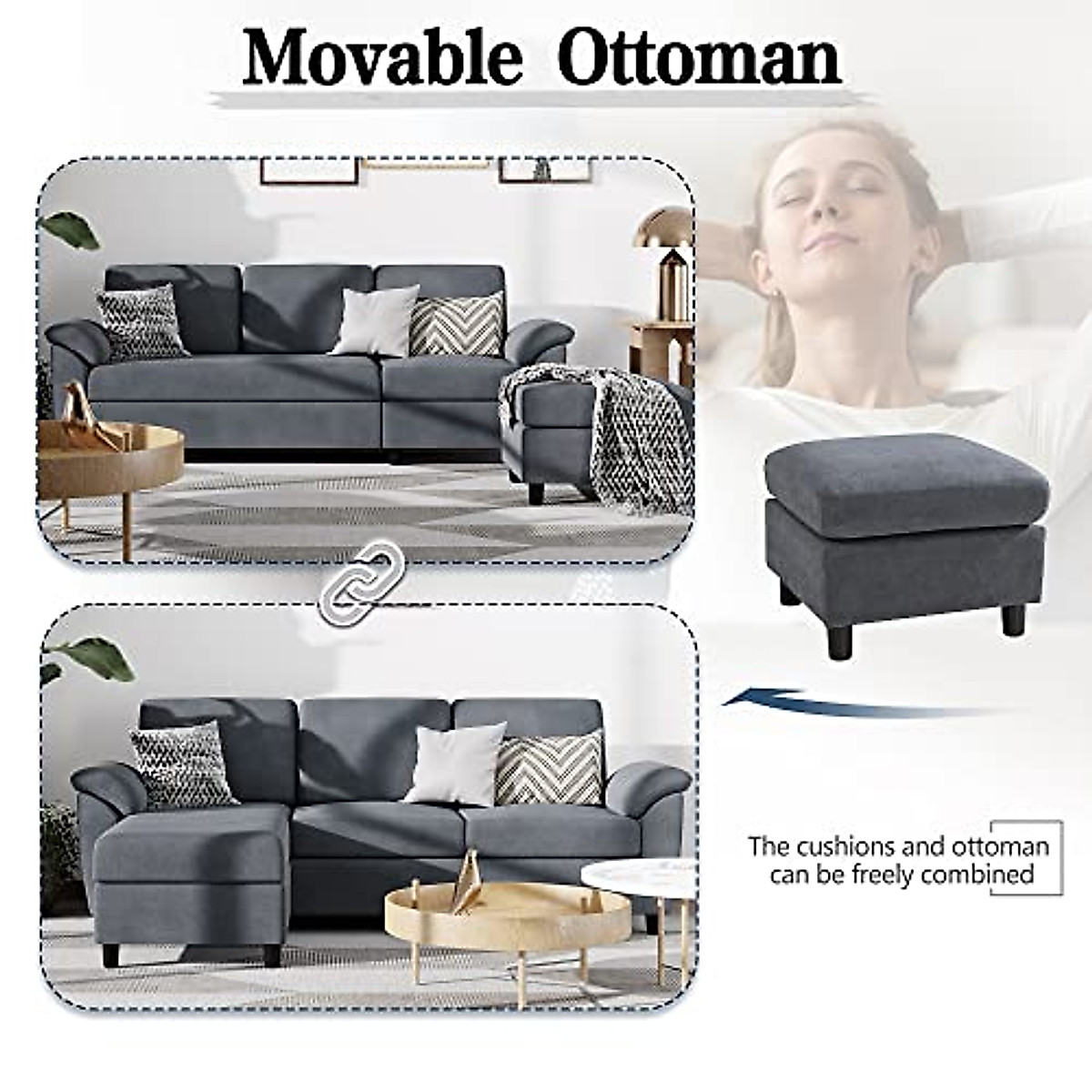 Meilocar 79” Modern Sectional Sofa Couch, Convertible L Shaped Couch with Reversible Ottoman, 3-Seat Sofa Sectional with Removable Armrest for Living Room, Apartment, Small Space, Blue Grey