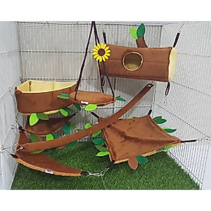 HOT! 7 Pcs/Set Cute Sugar Glider Hamster Marmoset Squirrel Chinchillas Small Pet Hanging Log + Edge Corner Light Brown Cage Set Forest Pattern Get Free 1 Small Pet Treats, PB's REPUBLIX