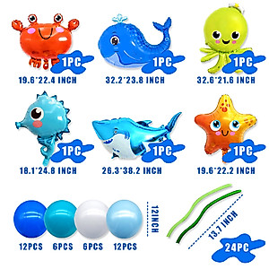 66 PCS Sea Animal Balloons Sets Shark Octopus Crab Seahorse Whale Starfish Animals Balloons Blue Balloons Green Seaweed Balloons For Ocean Sea Themed Birthday Party Decorations Baby Shower Supplies