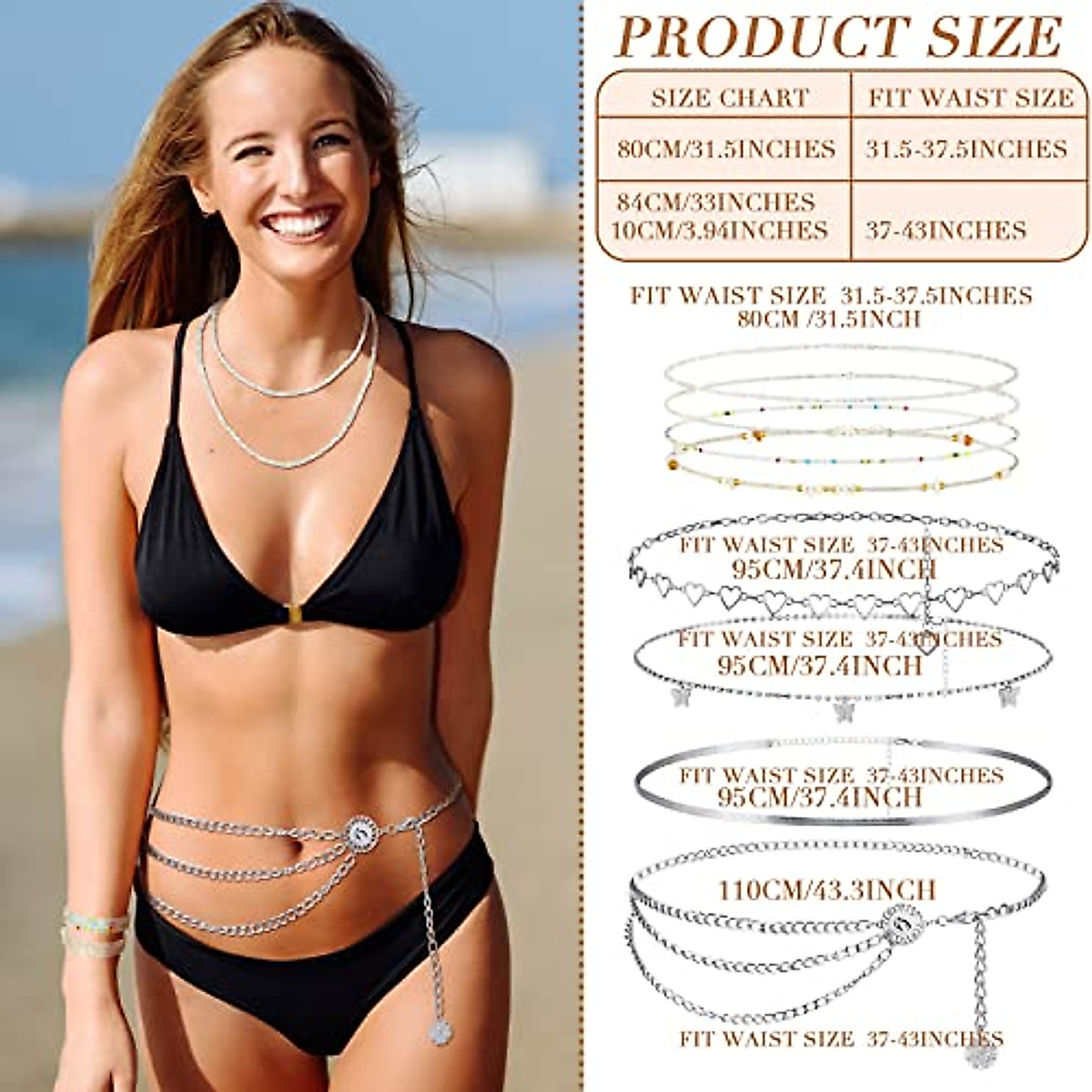 JenPen 8 Pcs Belly Chain Adjustable Waist Chain Summer Beach Bikini Boho Waist Body Beads for Women Adults Multilayer(Modern Style)