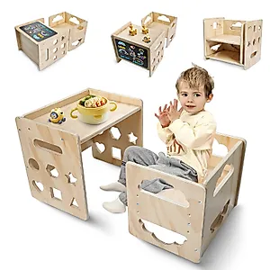 Montessori Weaning Table and Chair Set, Wooden Toddler Table and Chair Set Kids Activity Table Step Stools with Blackboard & 3 Heights Adjustable, 1-3 Age Kids Funiture for Eating Drawing Reading