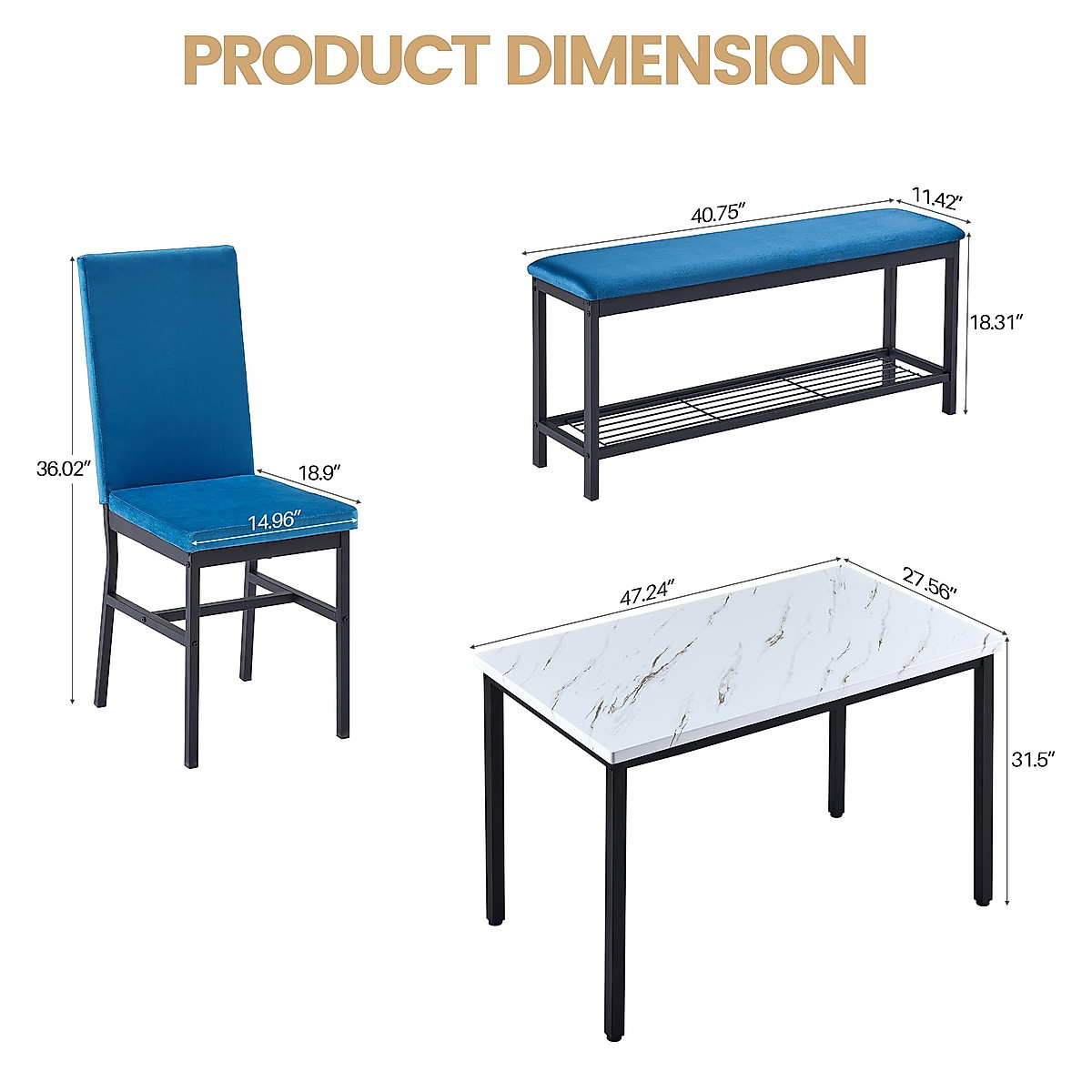 YOFE Dining Table Set for 4,Faux Marble Kitchen Table,Velvet Chairs and Bench with Storage Net,Kitchen Table Chairs Set for Dining Room,Small Apartment (Blue 1+3)