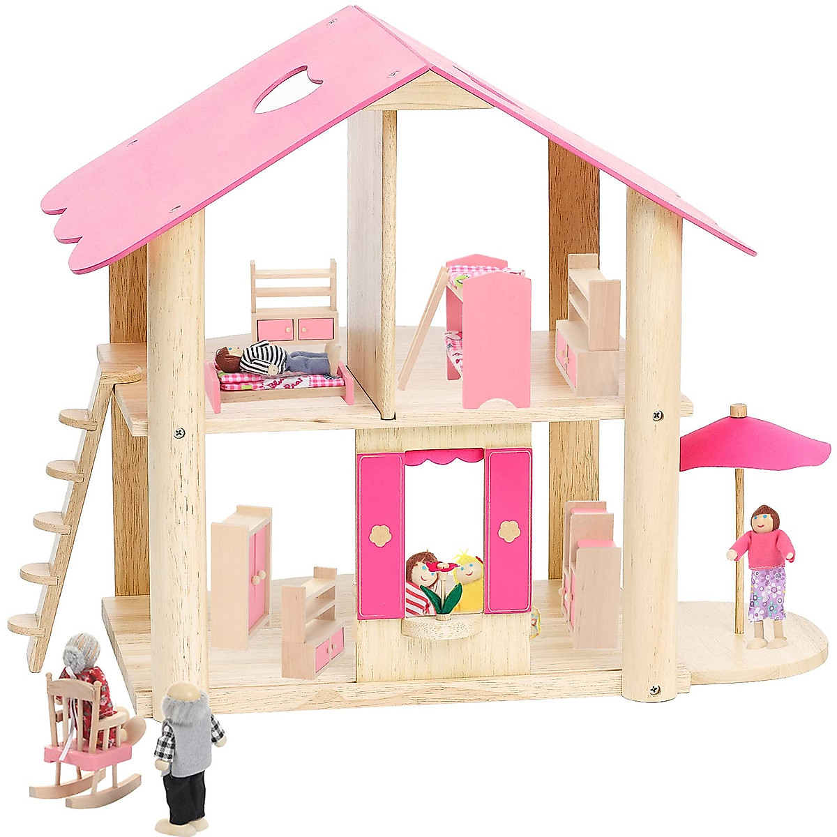 Wooden Dollhouse Furniture Doll House Furnishings with 8 Pieces Winning Doll Family Set, Dollhouse Accessories for Miniature Dollhouse, Family Figures Imaginative Play Toy (Lovely Style)